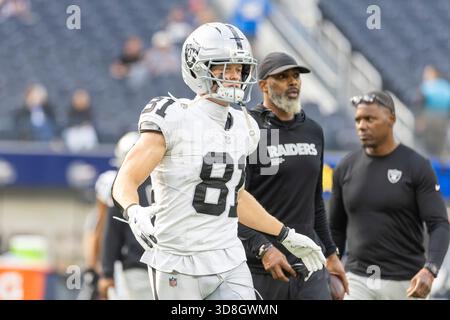 Raiders wide receiver Alex Bachman (81) takes the field after halftime ...
