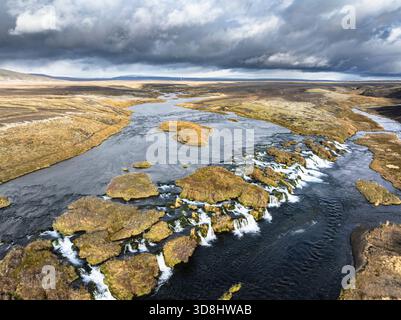 Aerial view around the Fossabrekkur falls - Burfell - Iceland Stock ...