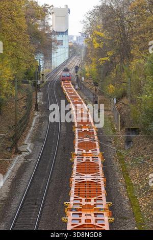 Logistics and transport concept. Railway track. Close-up of the rails ...