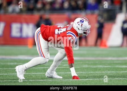 New England Patriots linebacker K'Lavon Chaisson looks on before an NFL ...