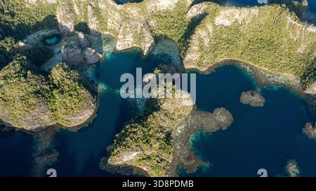 An aerial view of the Balbulol and island group of karst cliffs, Misool ...