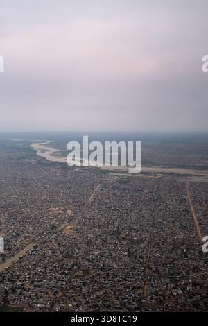 Aerial view of flooded areas along the Chari River in NDjamena in Chad ...
