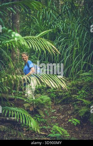 Girl walking up the path to the summit of Gunung Rinjani volcano in ...