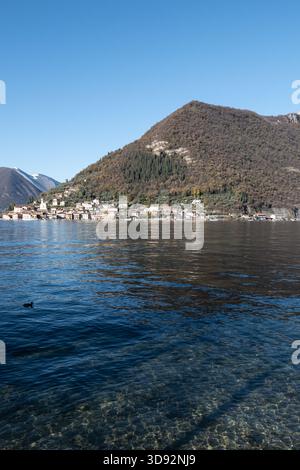 The mountains of Lombardy, Lake Iseo and a small island in it. Italy ...