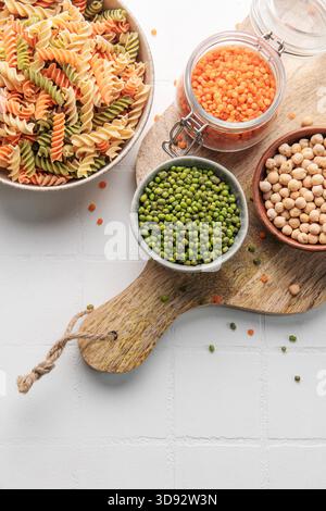 A variety of fusilli pasta made from different types of legumes, green ...