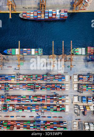 Top View Of Container Terminal In Port. Elevated View. toned black and ...