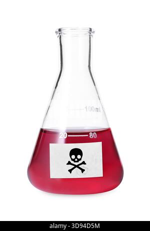 Poison in conical flask isolated on white. Laboratory glassware with ...