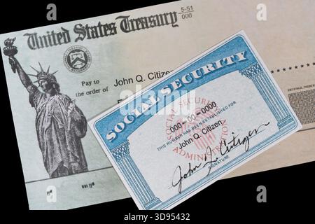 Fake social security card with SSA earnings record on black background ...