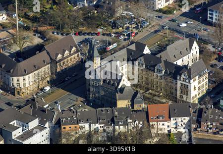 aerial photo, town hall Duisburg by night, next to the Salvatorkirche ...
