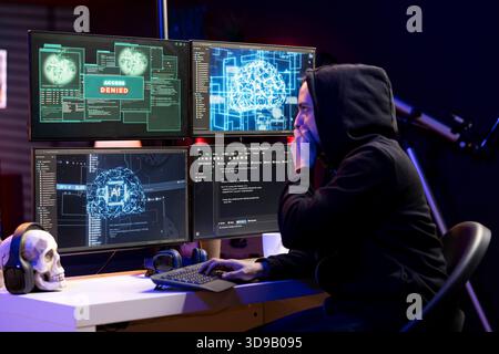 Hacker covering mouth in disbelief, seeing access denied warning on ...