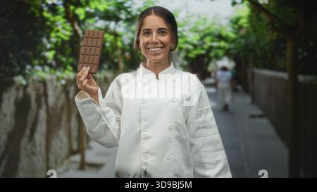 Woman chef holds a chocolate bar and pinches her nose on a cobblestone ...