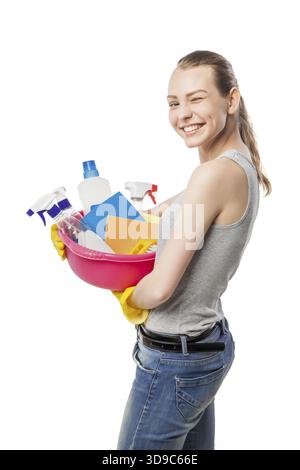 White young woman in gloves smiling while cleaning table at home Stock ...
