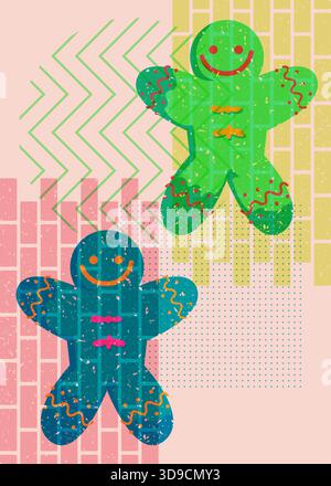 Risograph Gingerbread Man Christmas Cookie with geometric shapes ...