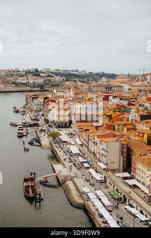 Aerial view of the Douro River and the promenade of Porto with the ...