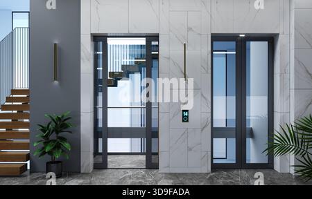 Sleek, modern panoramic glass elevators set within a clean ...