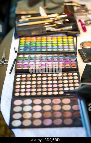 Eye shadow pallet close up. Makeup color box with multi color eye ...