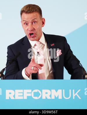 Reform Party chairman Dr David Bull speaking during a Reform UK rally ...