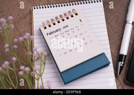 February 2026, Monthly desk calendar for 2026 year on yellow and blue ...