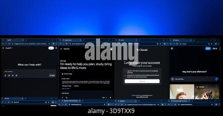 Monitor screen displaying multiple AI chatbot interfaces: ChatGPT ...