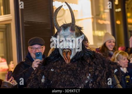 Detailed Krampus mask and costume at a winter folklore parade in ...