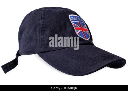 A black baseball cap with British flag on white background, isolated ...