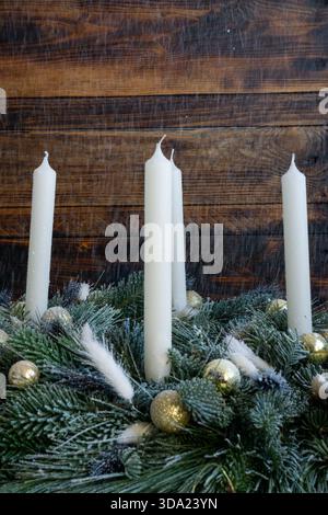 Christmas decoration evergreen wreath with golden ribbon bow isolated ...