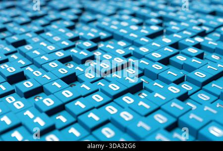 Abstract blue cubes with binary code, bit, byte, encryption, big data ...