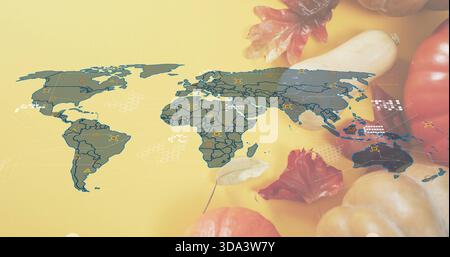 Displaying world map overlay showing markers in data center, with line ...