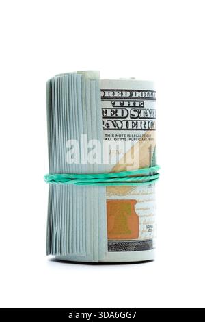 Stack of dollar bills wrapped by rubber on white background Stock Photo ...