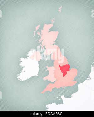 East Midlands, region of United Kingdom. Grayscale elevation map with ...