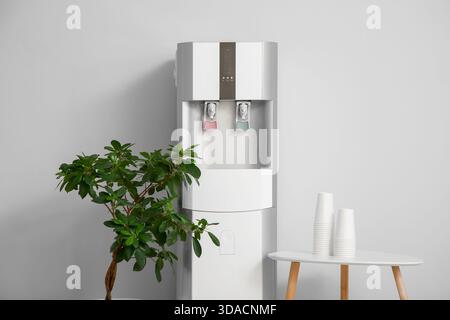 Modern water cooler, houseplant and table with paper cups near white ...
