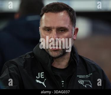 John Eustace, manager of Derby County watches the action during the Sky ...