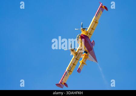 Canada, Quebec, 17 October 2025 : Firefighting airplane soars under a ...