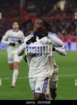 Martial GODO of Strasbourg celebrates his goal during the French ...