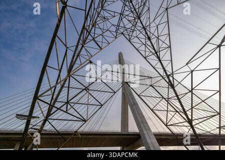 Flintshire bridge central concrete pylon framed by the steel lattice ...