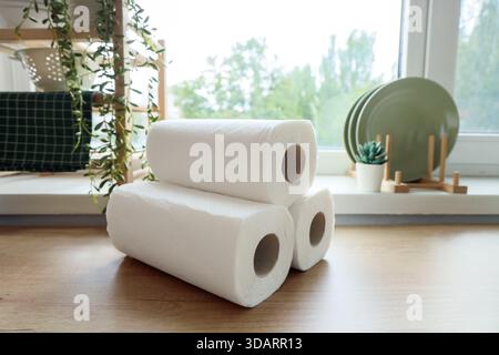 Rolls of paper towels with plant on table in kitchen Stock Photo - Alamy