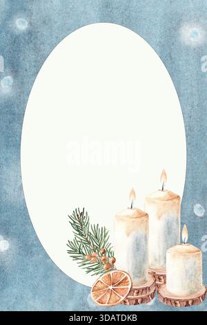 Watercolor Christmas night oval frame, New Year card with dark blue ...