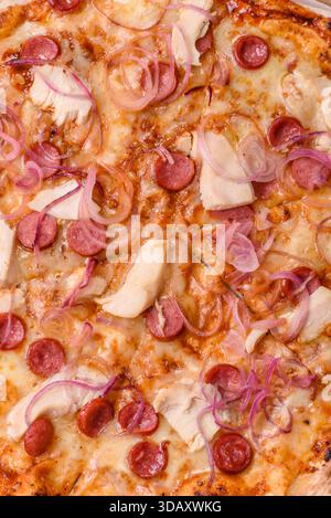 Pizza with corn, bacon, chili, onion parmesan cheese and chicken Stock ...