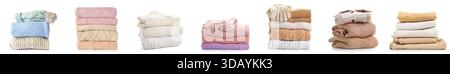 Collage of stacked warm winter clothes, closeup Stock Photo - Alamy