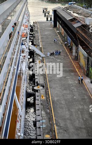 The cruise ship Viking Mars is docked at the port with palm trees and ...