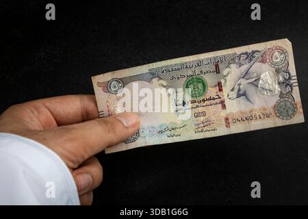 Hand holding UAE dirham banknotes, featuring Sheikh Zayed portrait and ...