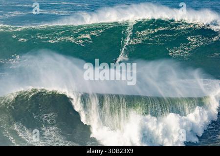 A surfer rides a towering wave during the Tudor Nazaré Big Wave ...