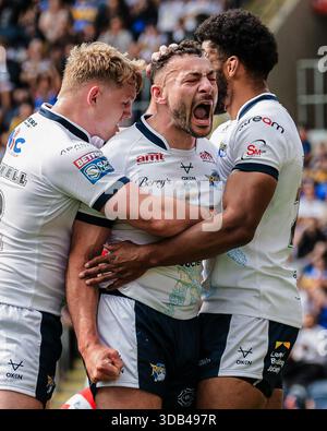 Leeds Rhinos’ James McDonnell celebrates after scoring a try during the ...