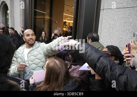 Lewis Hamilton meets fans at the Lululemon store in Regent St, London ...