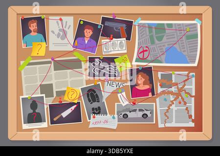 Detective board. Mystery investigation cork board with clues, marked ...