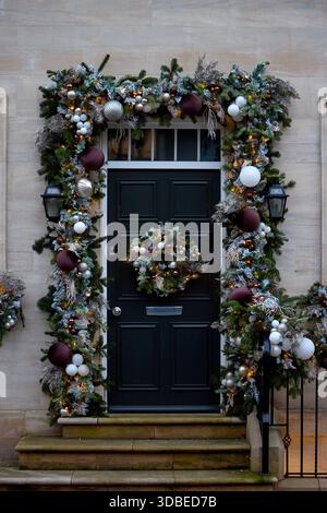 Festive Christmas decoration with baubles and fairy lights Stock Photo ...