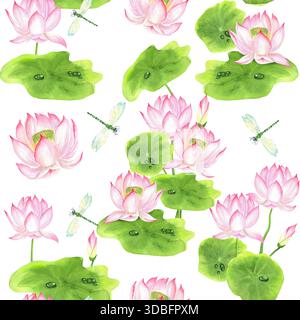 Seamless pattern with pink lotus flowers and leaves. Painted in ...