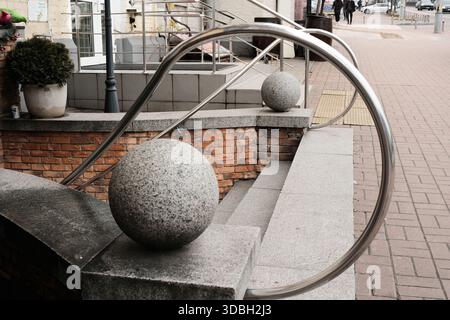 Stone spheres street art in pedestrian area of Doncaster, South ...