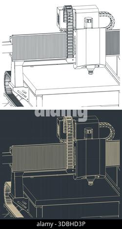 Stylized vector illustrations of automated CNC machine for 3D carving ...