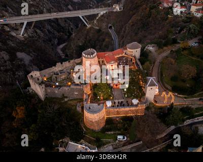 Aerial view of Advent at Gradina decorated with Christmas lights above ...